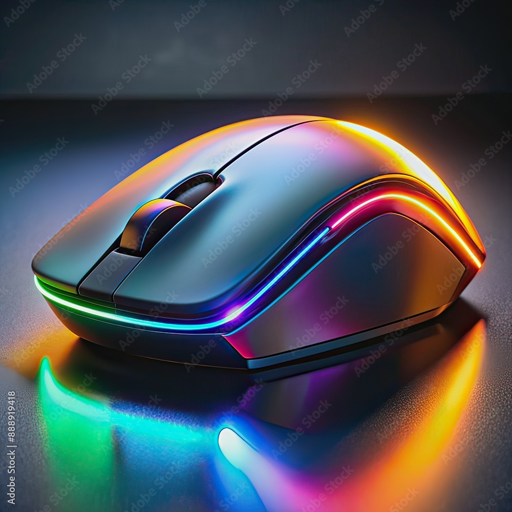 Vibrant glowing lights illuminate a sleek computer mouse with ...