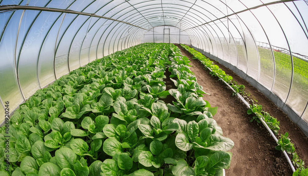 A fisheye lens shot of a greenhouse filled with rows of fresh spinach ...