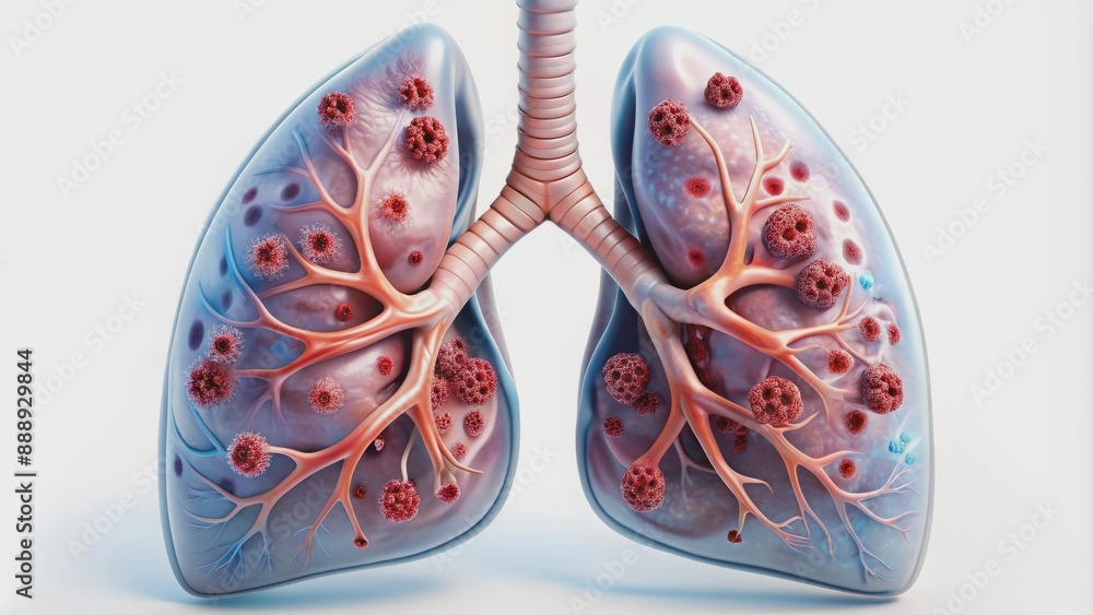 Stylized 3D lungs with scar tissue representation, highlighting alveoli ...