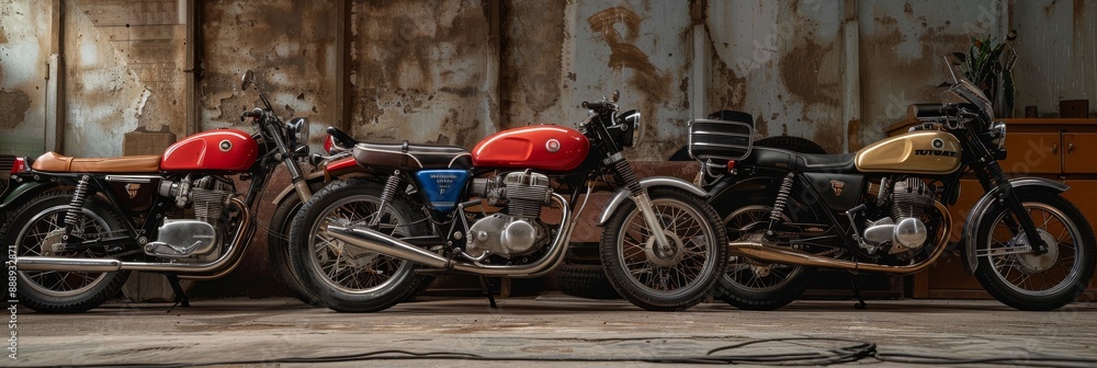 Four classic motorcycles are lined up in a vintage garage. The ...