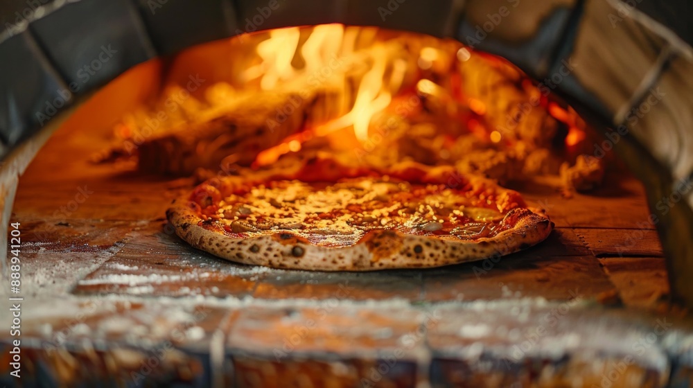 Authentic Neapolitan pizza being made in a wood-fired oven, rich ...