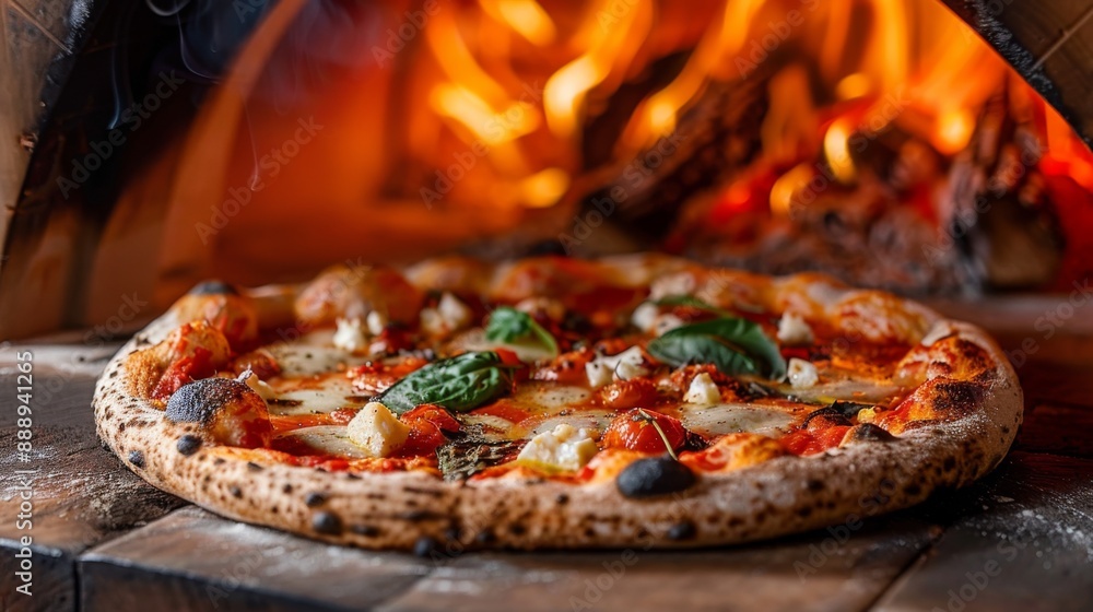 Authentic Neapolitan pizza being made in a wood-fired oven, rich ...