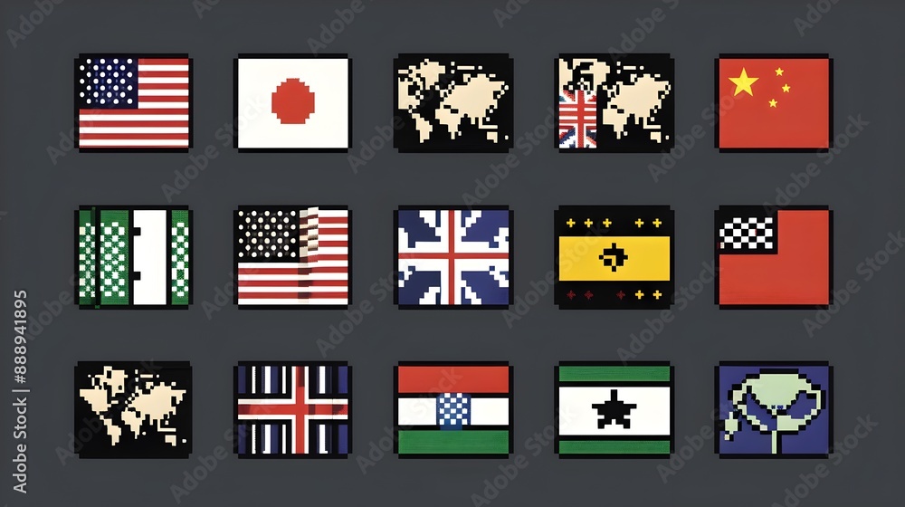Pixel Country Flags Retro National Symbols for Video Game Designs in 8 ...