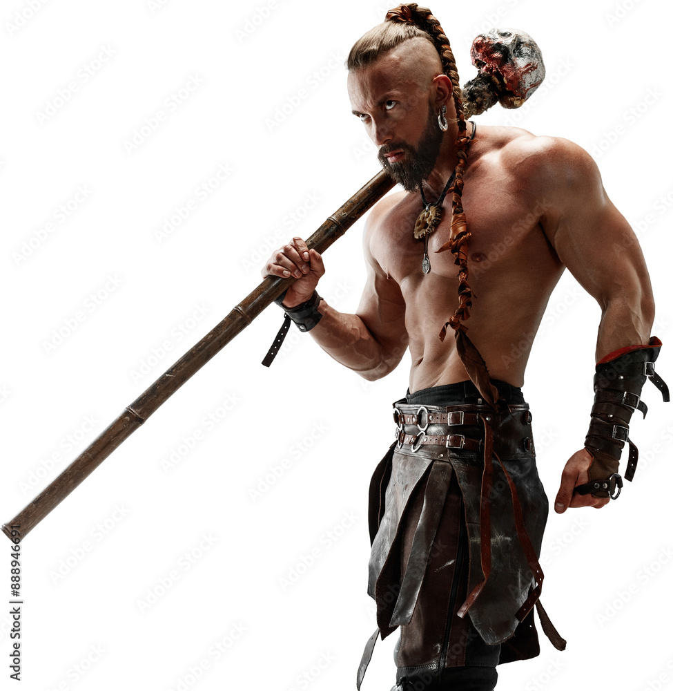 Serious long hair and muscular male model in leather viking's costume ...