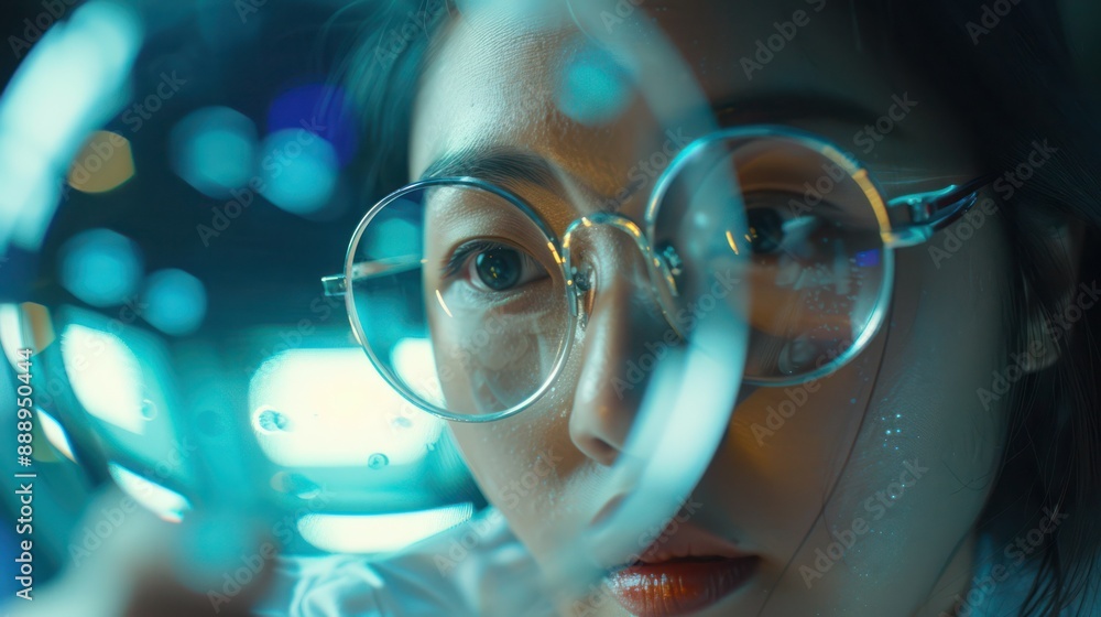 Particles, magnifying glass or scientist in laboratory for research ...