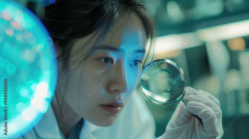 Particles, magnifying glass or scientist in laboratory for research ...