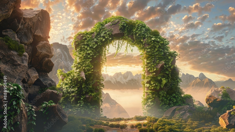 Spectacular fantasy scene with a portal archway covered in creepers In ...