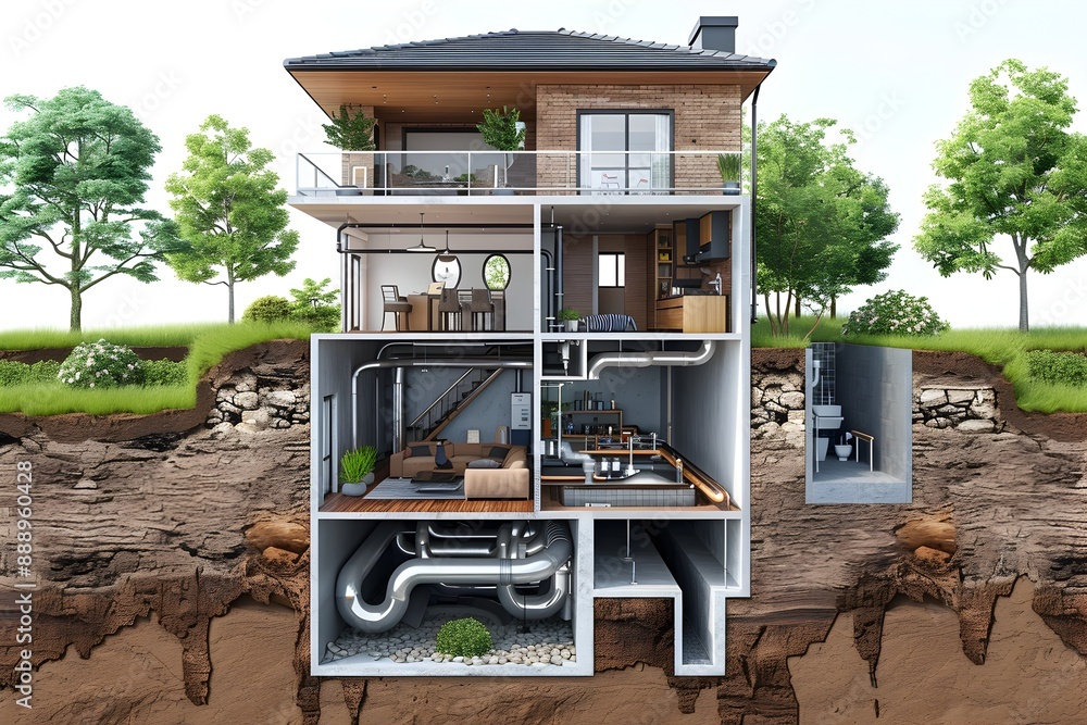 Detailed Cutaway of Residential Sewerage System and Piping Leading to ...