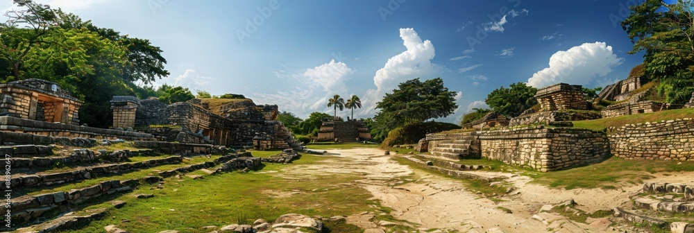 Ancient Mayan city ruins of Tikal in Guatemala. Ground-level view shows ...