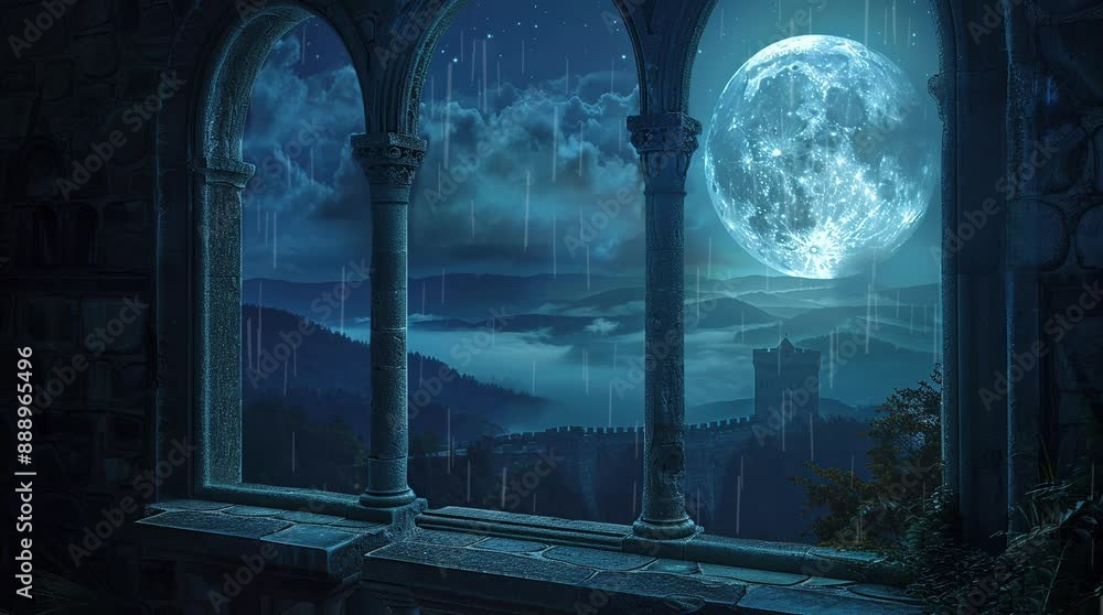Fantasy night castle with a full moon seen from a window, creating a ...