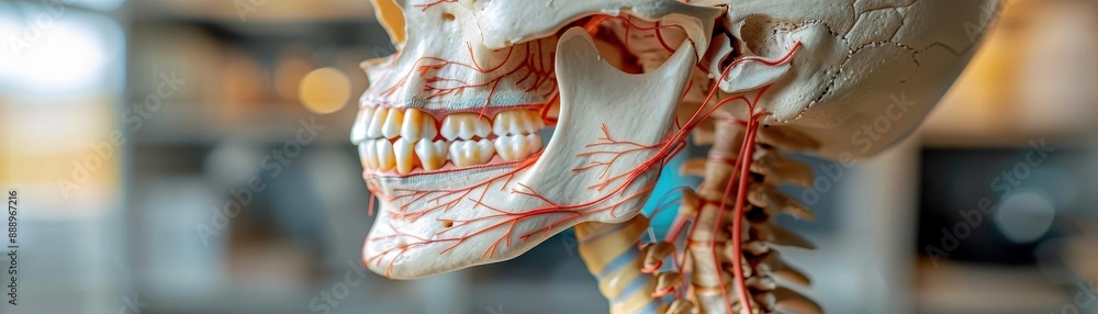 A close up of a skull with red, blue, and yellow veins. The skull is ...