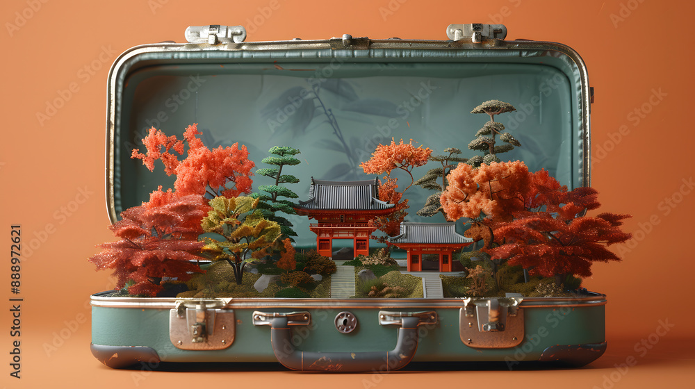 Intricate miniature model of a Japanese temple and garden inside an ...