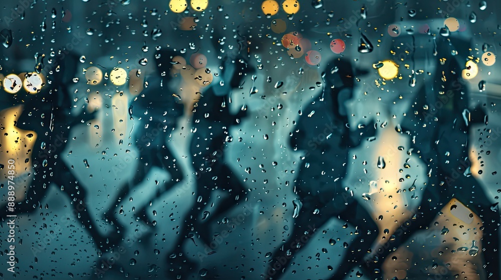 Silhouettes of running people seen through the glass window covered by ...