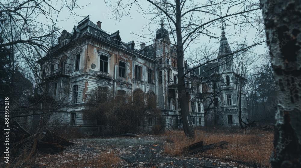 Abandoned creepy looking tall old trees without leaves in front of old ...