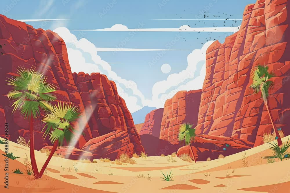 illustration of desert views, rocks, valleys and date palm trees ...