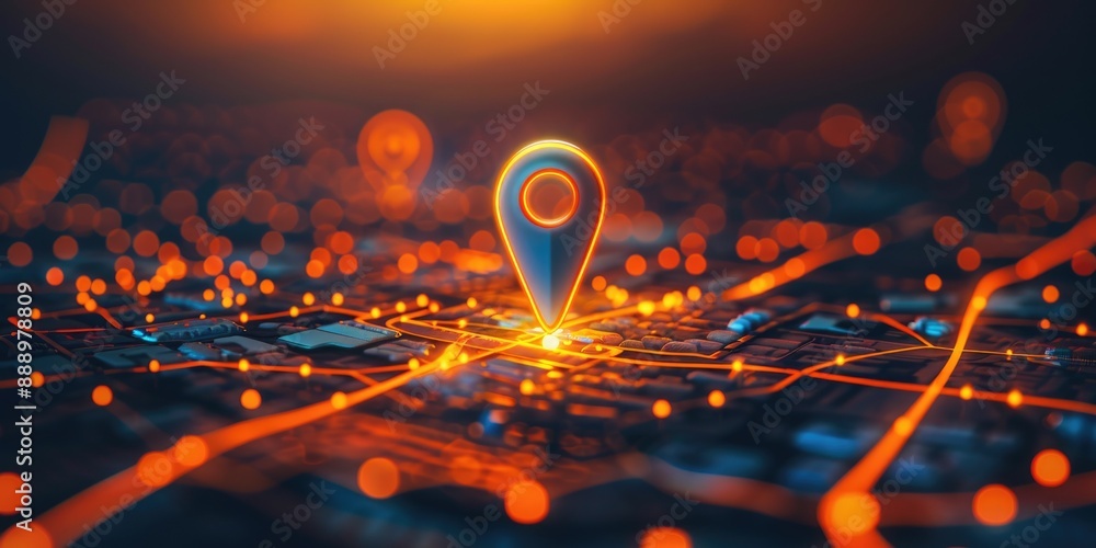 Digital map with glowing location pins and interconnected lines ...