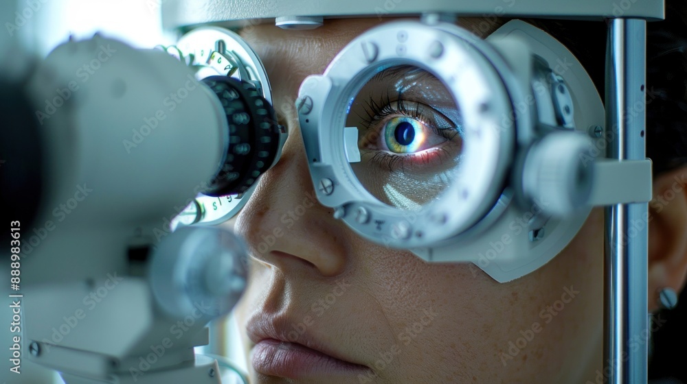 A healthcare professional performs a routine eye examination on a ...