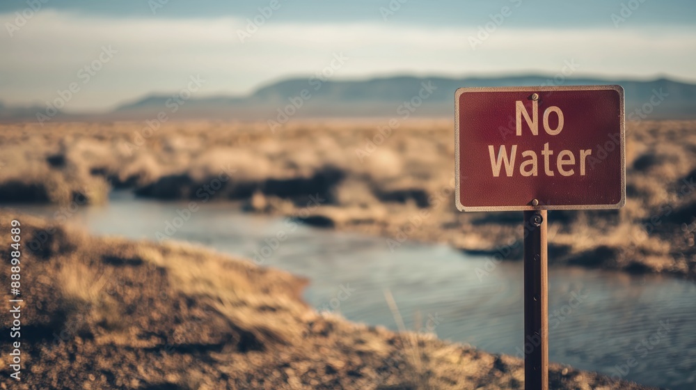 Warning sign indicating no water in a dry creek bed under the bright ...