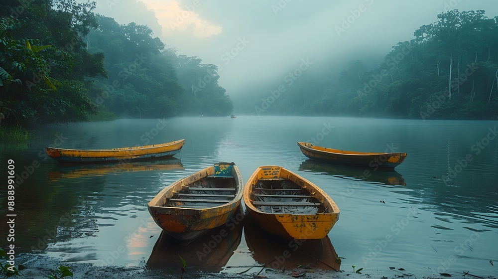 Serene riverbank with traditional fishing boats, vibrant colors and ...