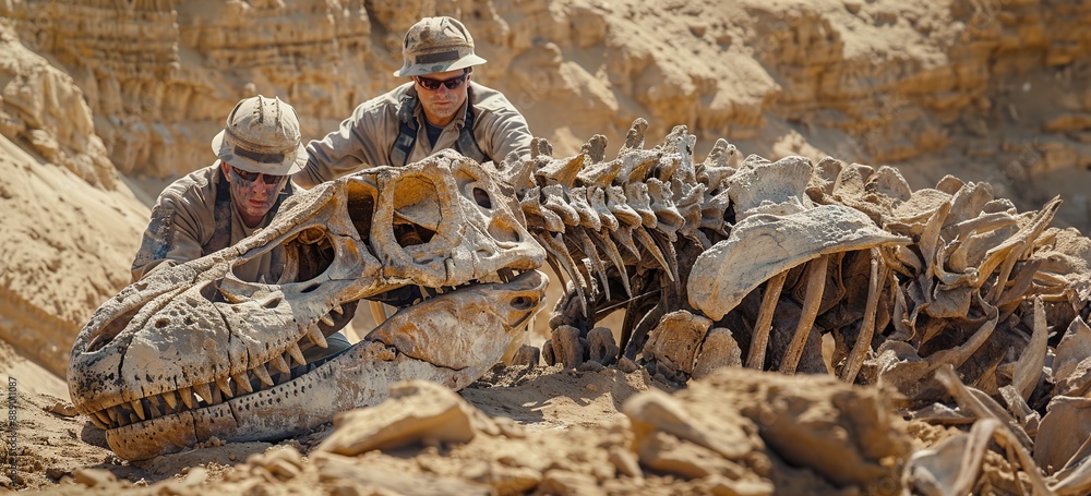Intense dinosaur fossil excavation in a desert setting, where dedicated ...