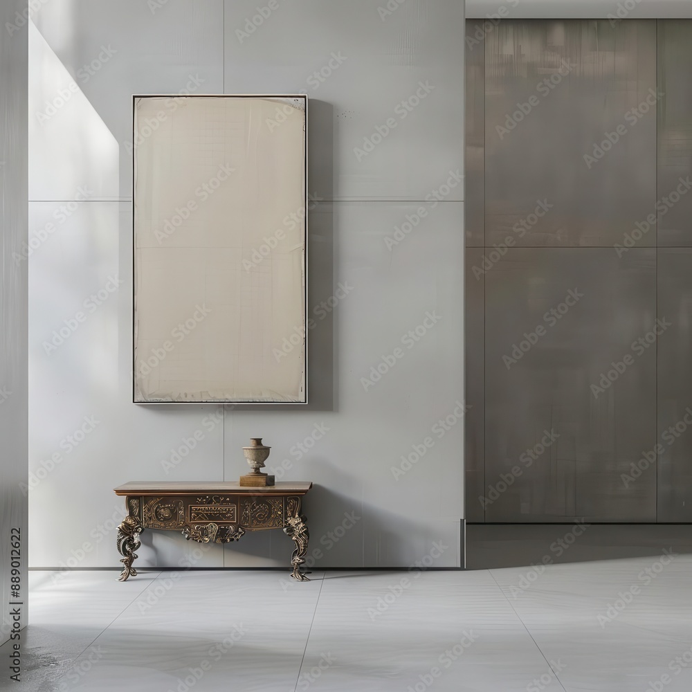 minimalist art gallery interior with soft gray walls featuring a single ...