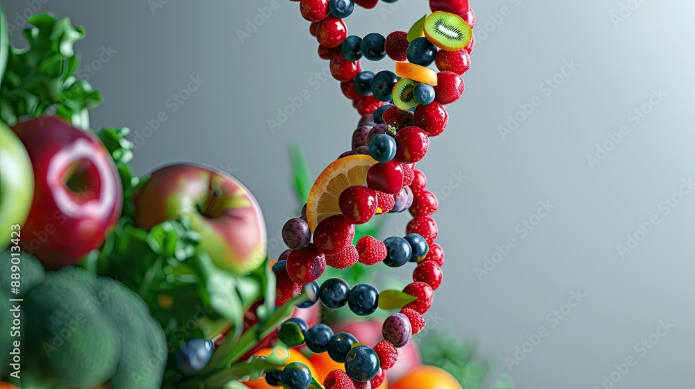 DNA strand made of fruits and vegetables, symbolizing genetically ...