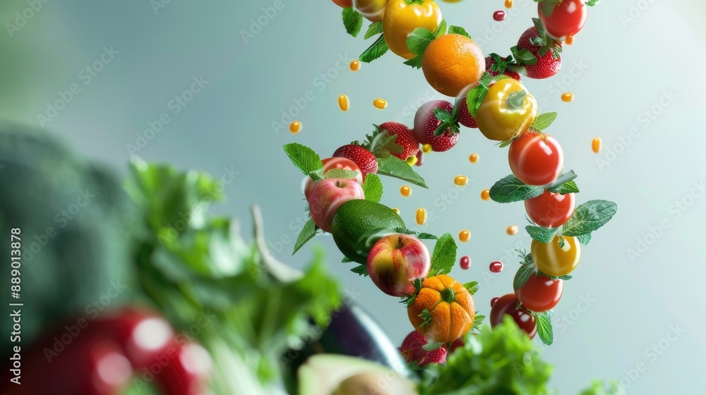 Fruits and vegetables configured as a DNA helix, highlighting genetic ...