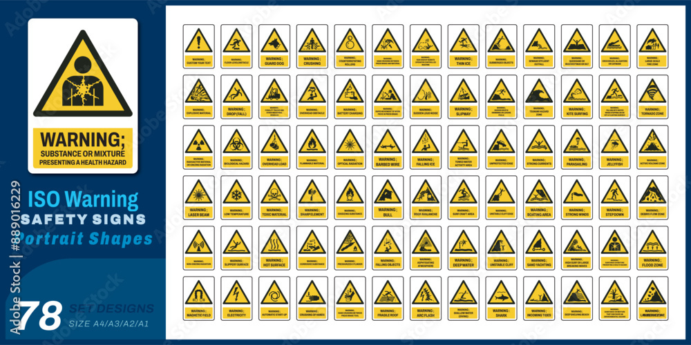 78 set iso warning safety signs v71 size a4,a3,a2,a1 Stock Vector ...