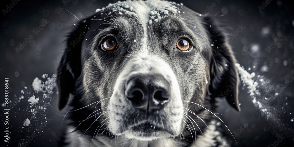 Monochrome of a dog's face with snow on its nose in high contrast, Dog ...