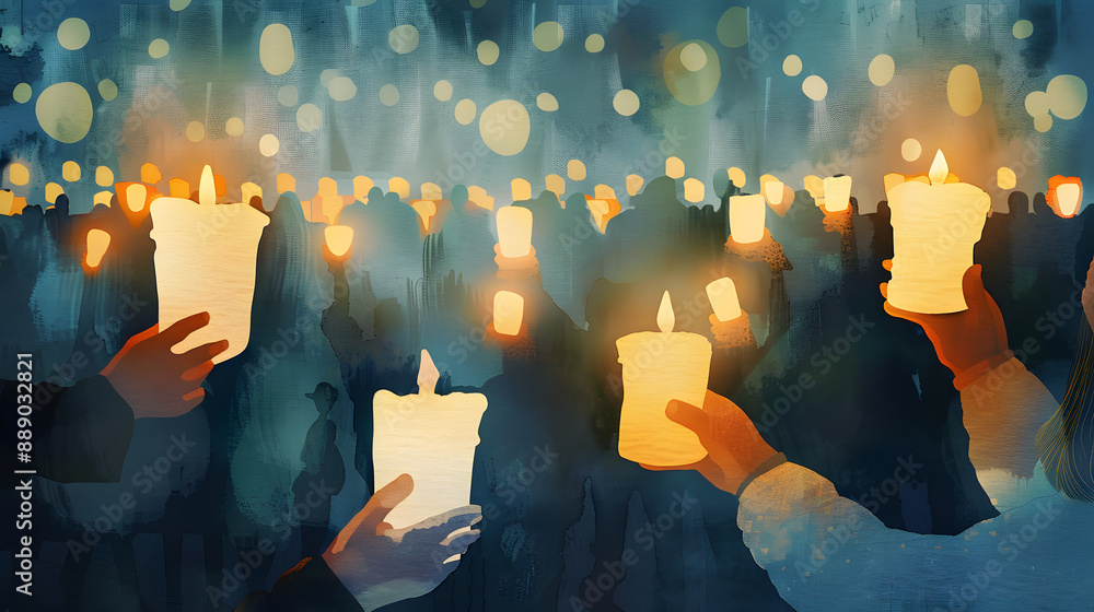 watercolor painting of people holding candles in a vigil, with a soft ...