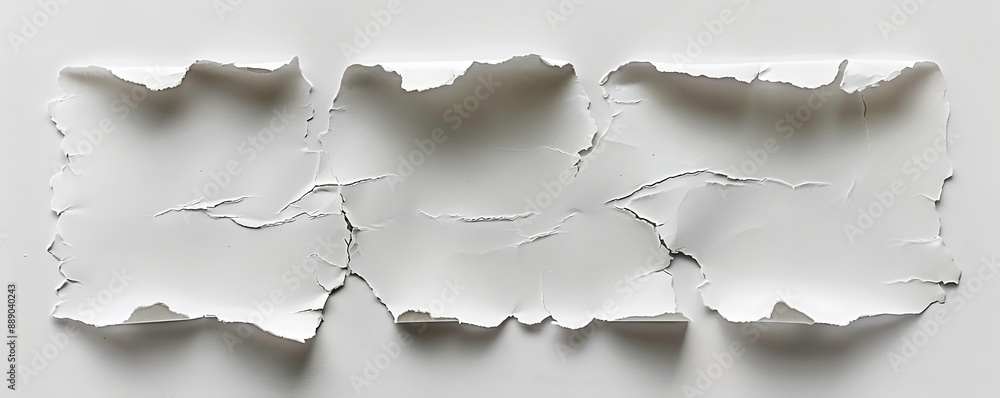 A close-up of a white background with various layers of torn paper ...