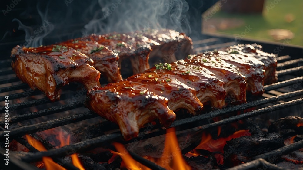 Juicy marinated spicy pork ribs sizzling over hot charcoal flames on a ...