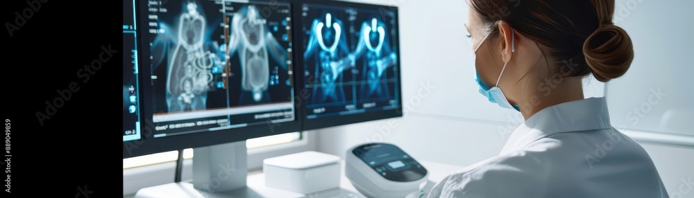 Medical professional analyzing fluoroscopy images, screen displaying ...