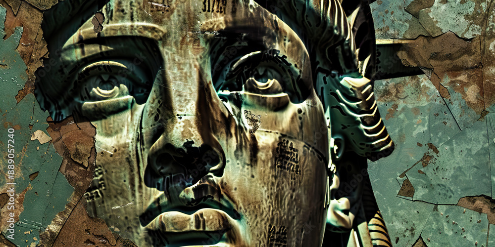 Empty Promises of Liberty: A crumbling statue of Lady Liberty, her ...