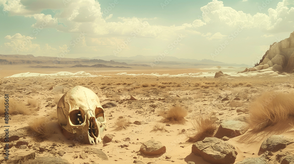 Massive human skull in desolate desert landscape. Barren terrain with ...