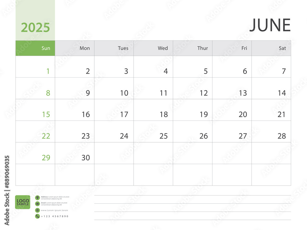 Monthly calendar template for 2025 year, June design, Planner, Desk ...