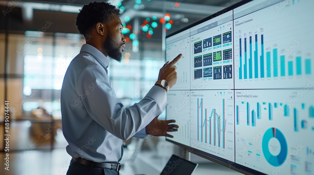 a businessman presenting AI-generated data visualizations on a large ...