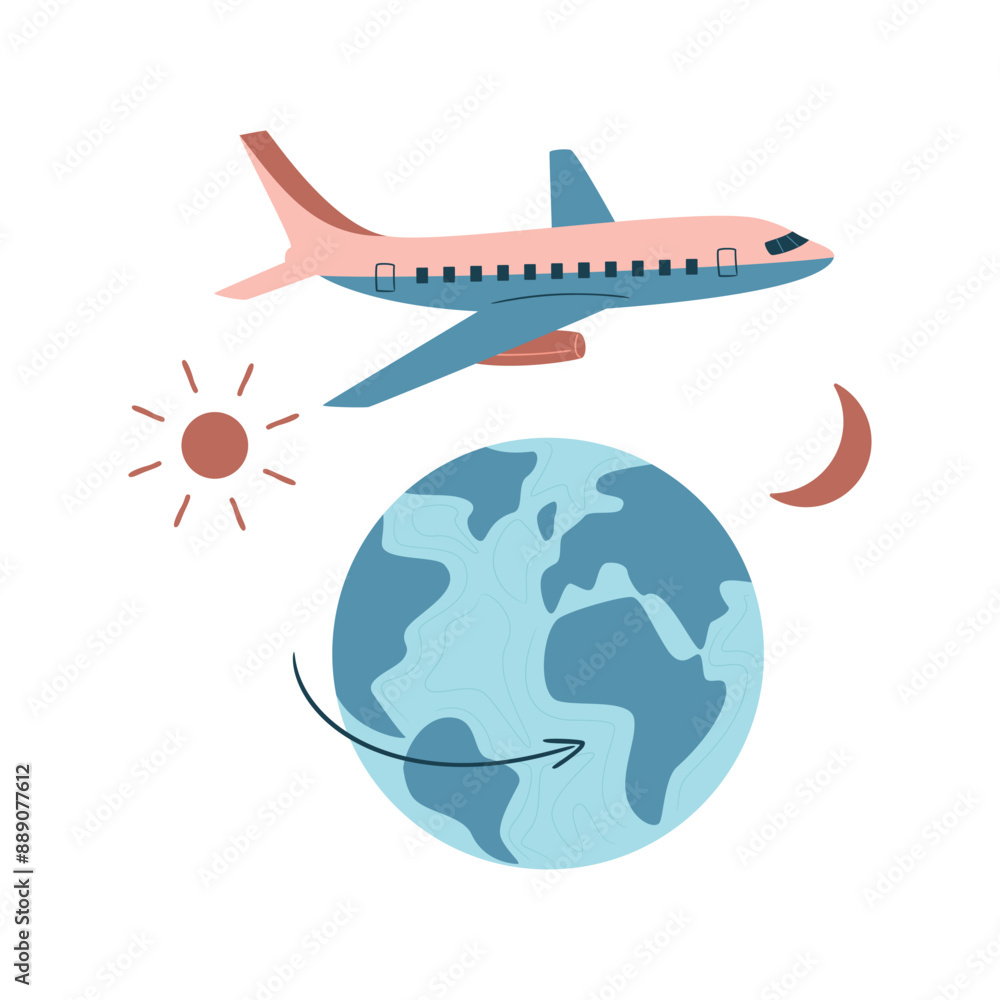 Jet lag concept, abstract metaphor. Globe and plane flying over it ...