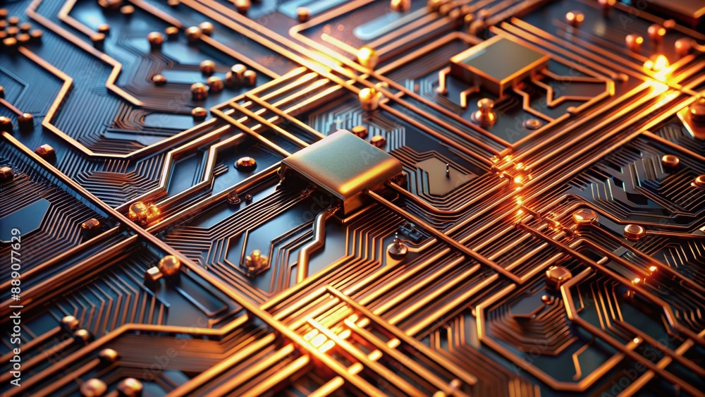 Vibrant copper pathways weave through a complex lattice of microchips ...