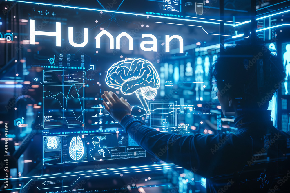 A human figure with AI interface overlay, displaying glowing neural ...