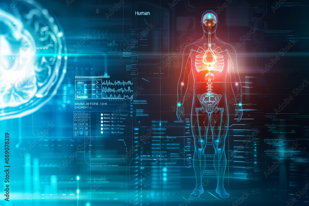 Ilustracja Stock A Human Figure With Ai Interface Overlay Displaying Glowing Neural Networks