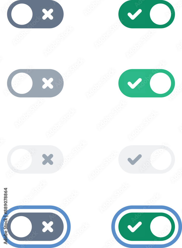 On and Off toggle switch buttons. Green active state and grey inactive ...