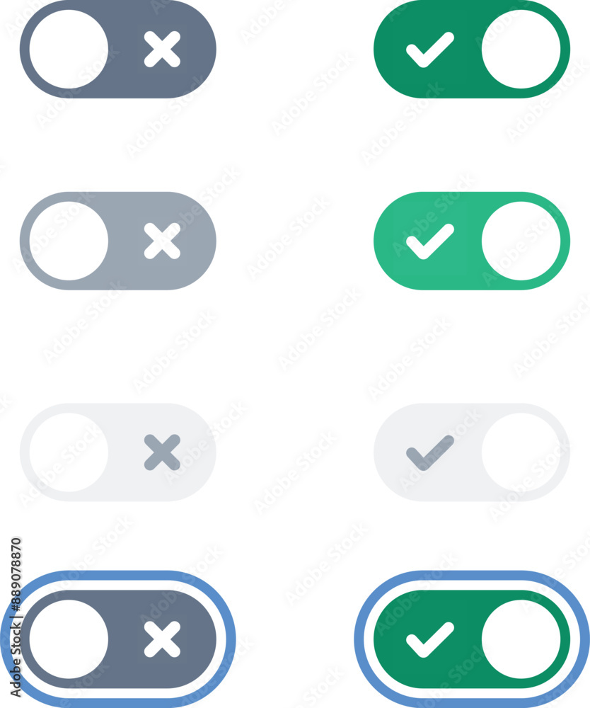 On and Off toggle switch buttons. Green active state and grey inactive ...