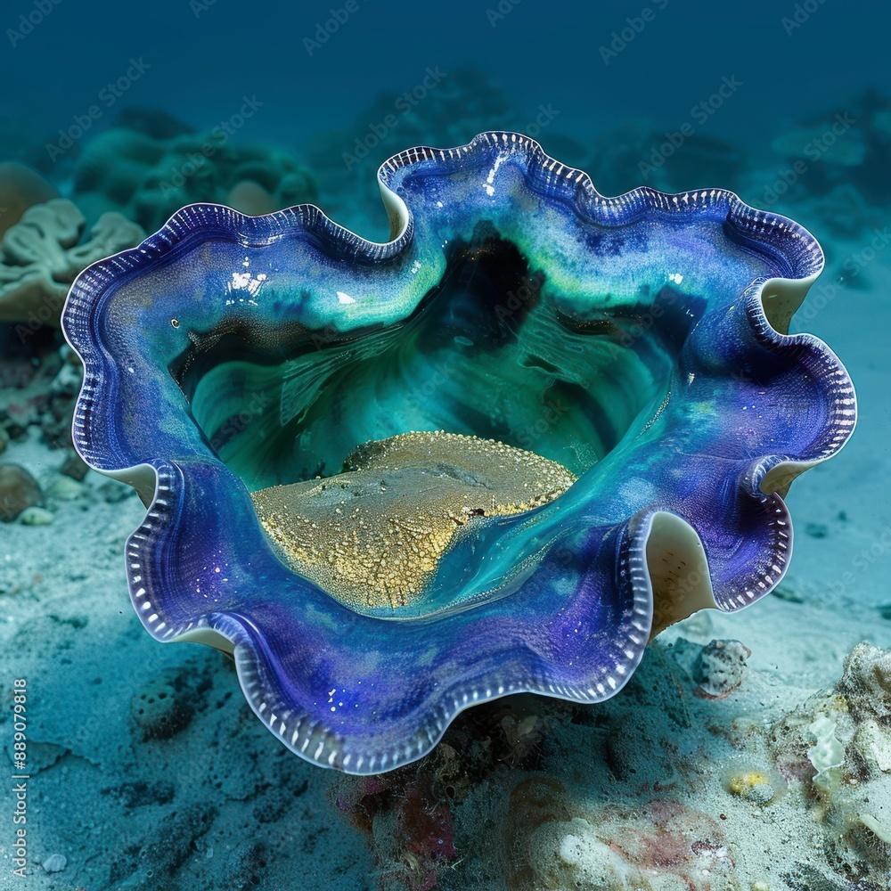 Giant clam opening to reveal a hidden treasure, mysterious underwater ...