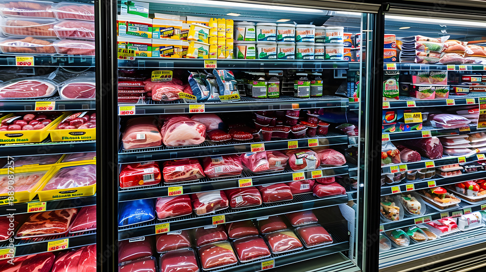 The refrigerator meat section in the supermarket aisle showcases a ...