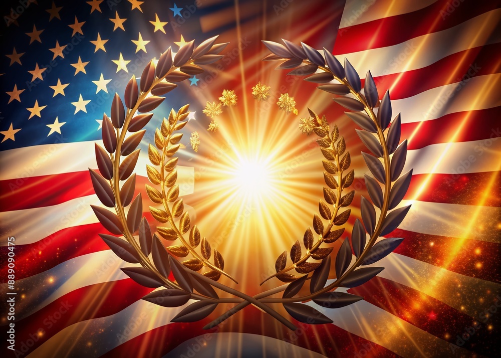 American flag waves proudly in the center, surrounded by radiant light ...