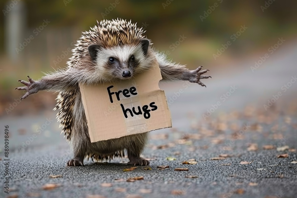 Cute hedgehog holding a Free Hugs sign made of cardboard, showcasing an ...
