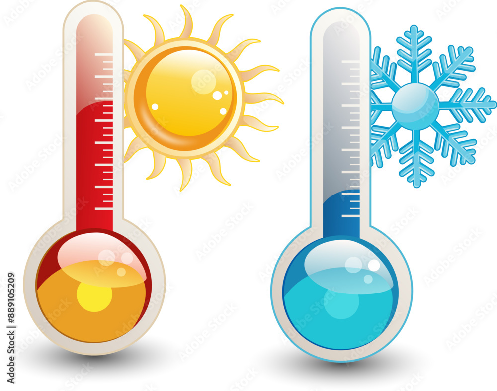 Thermometer vector icons with sun and snowflake. Hot and cold ...