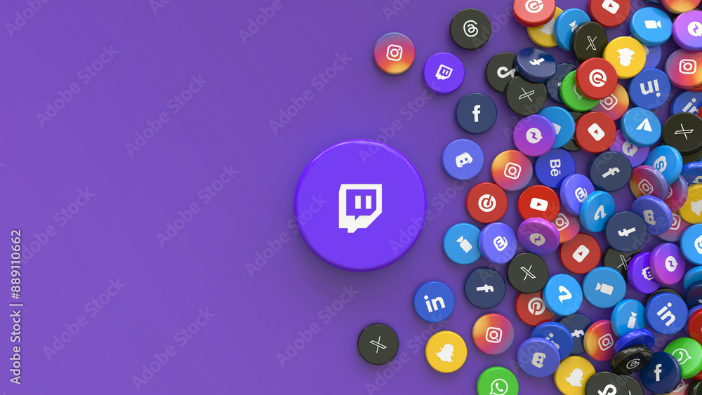 3d round badge with Twitch icon surrounded by many plates with the logo ...
