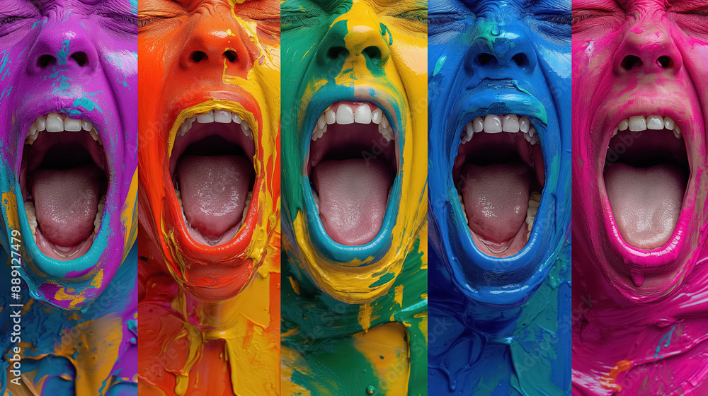 Five faces painted in bright colors, screaming with mouths open wide ...